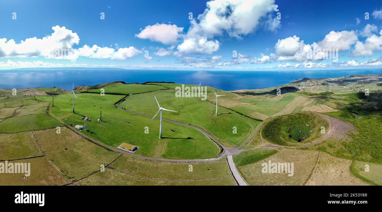The caldera volcano and windfarm at Serra Branca, Graciosa Island ...