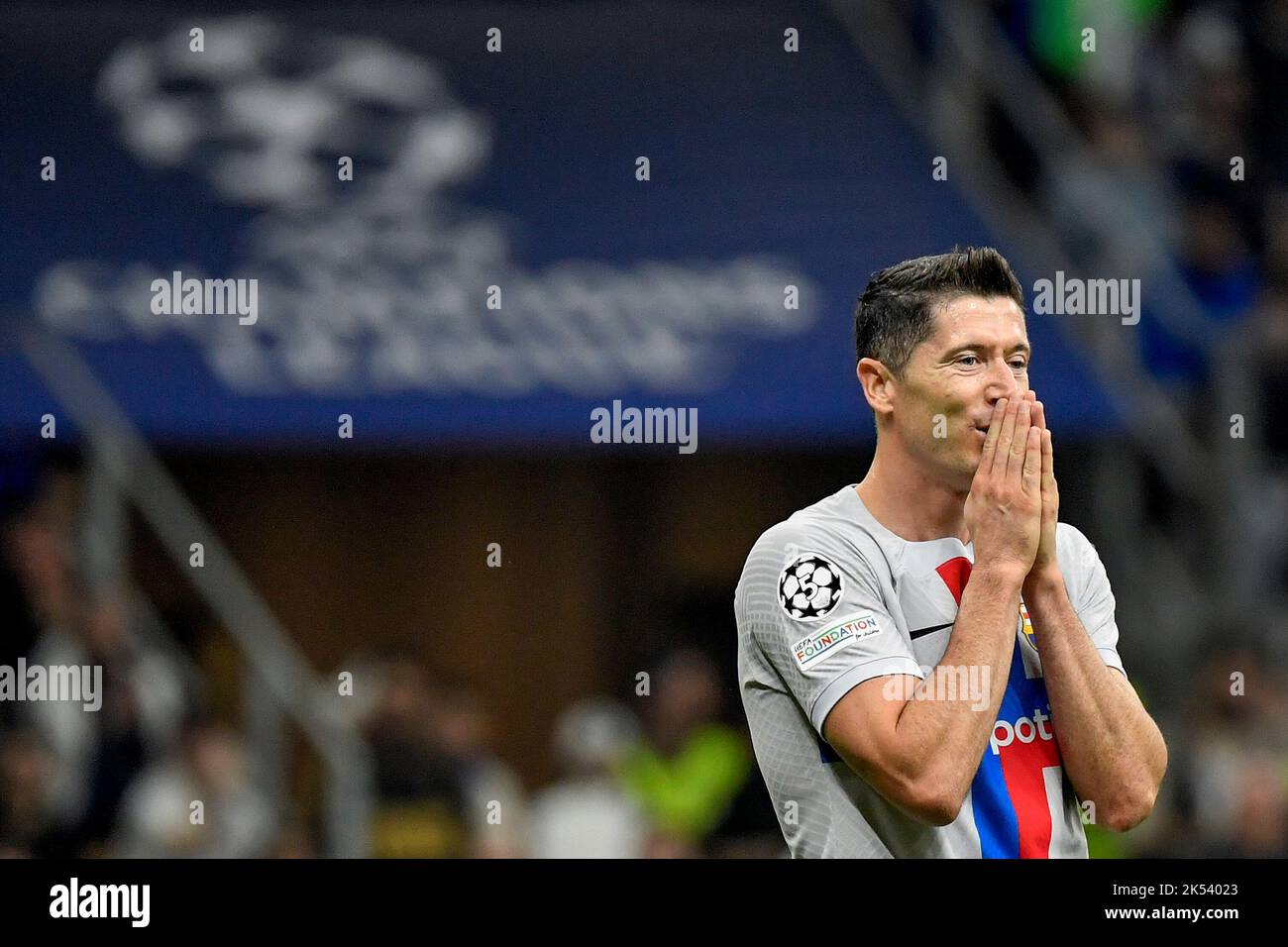 Robert Lewandowski of Barcelona looks dejected during the Champions ...