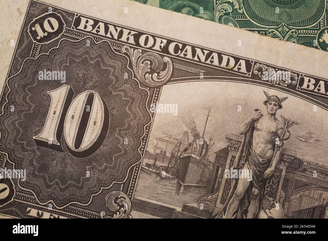 Close-up of the details on reverse side of an old Canadian ten dollar ...