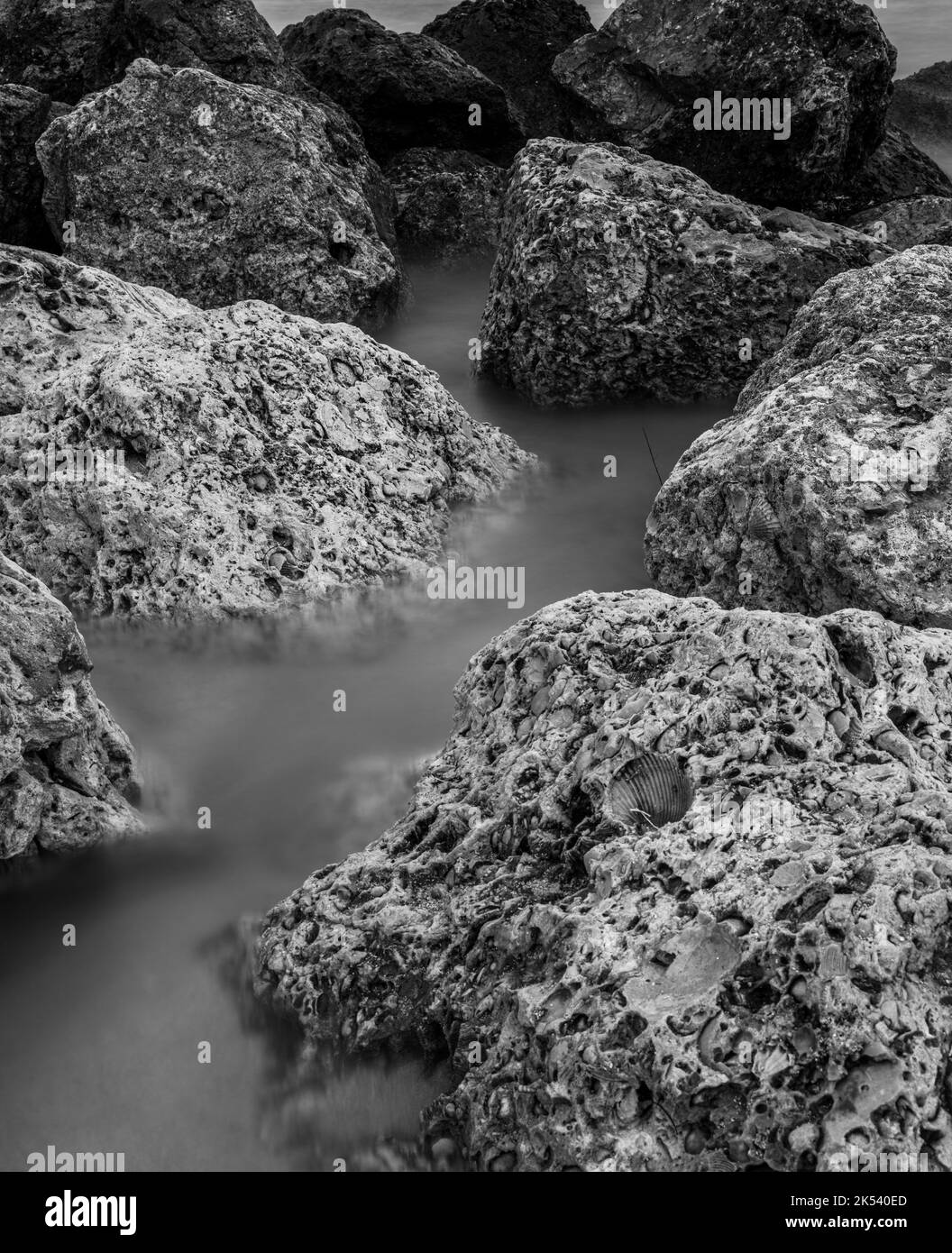 A grayscale of big mossy rocks in the sea - suitable for a wallpaper ...