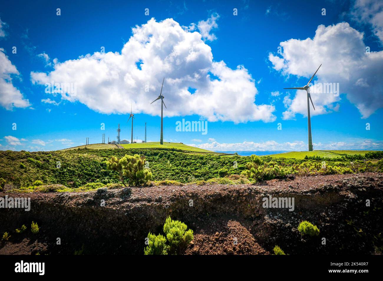 The caldera volcano and windfarm at Serra Branca, Graciosa Island ...