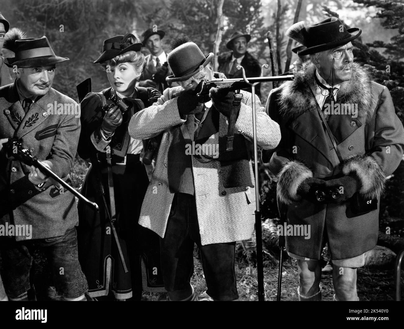 Joan Fontaine, Richard Haydn (shooting rifle), on-set of the Film, "The ...