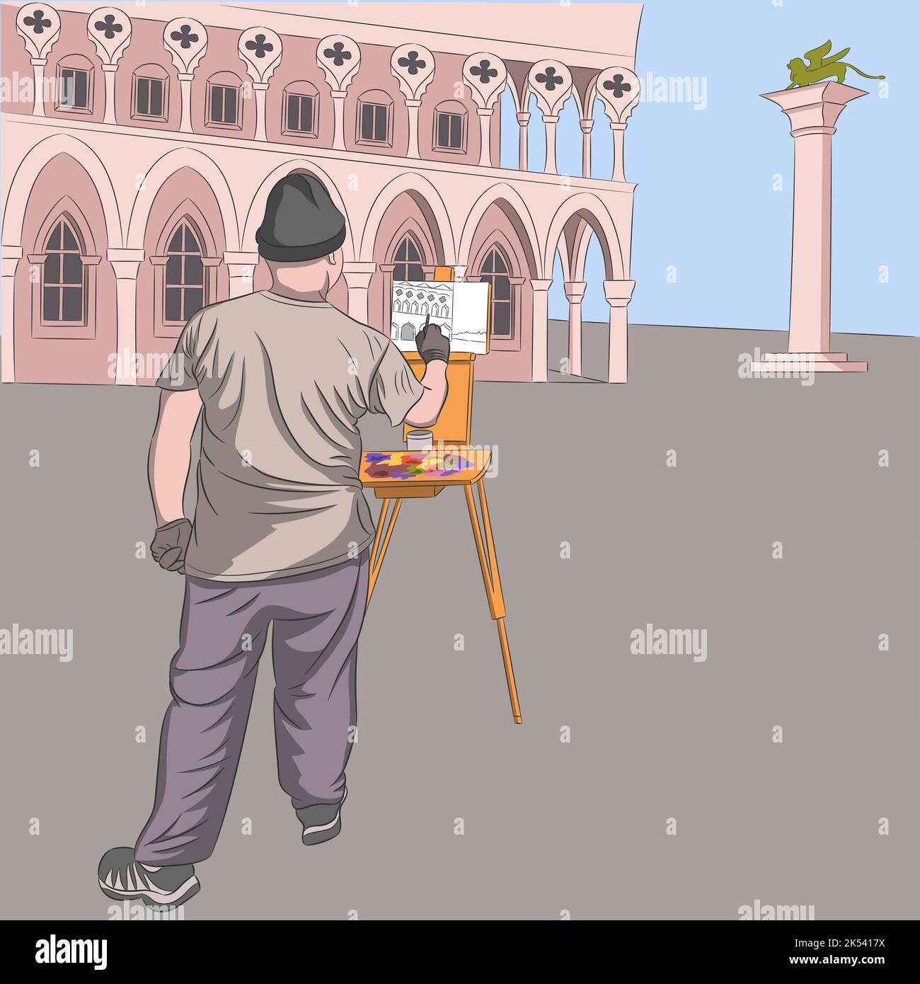 A male artist paints a building located in St. Mark s Square. Venice ...