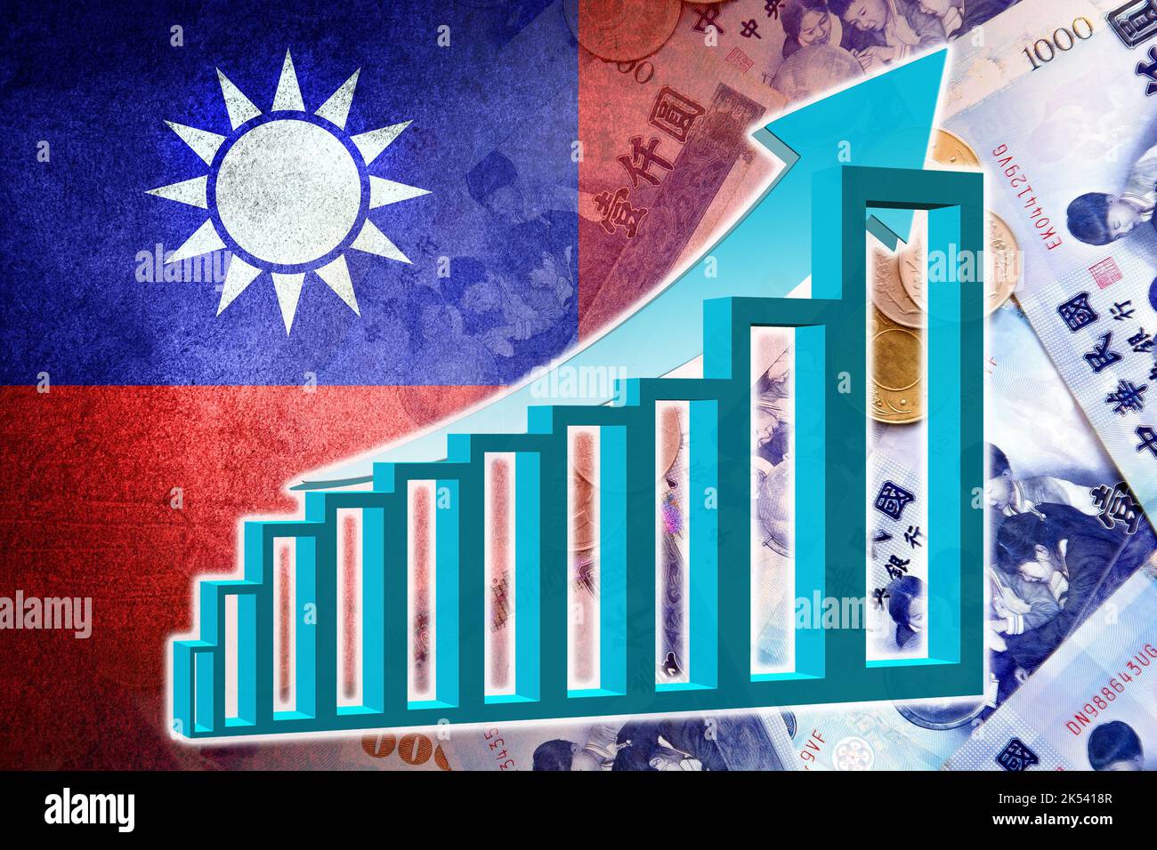 Economy Chart: Up Arrow, Taiwan Flag and New Taiwan Dollar Cash Bills ...