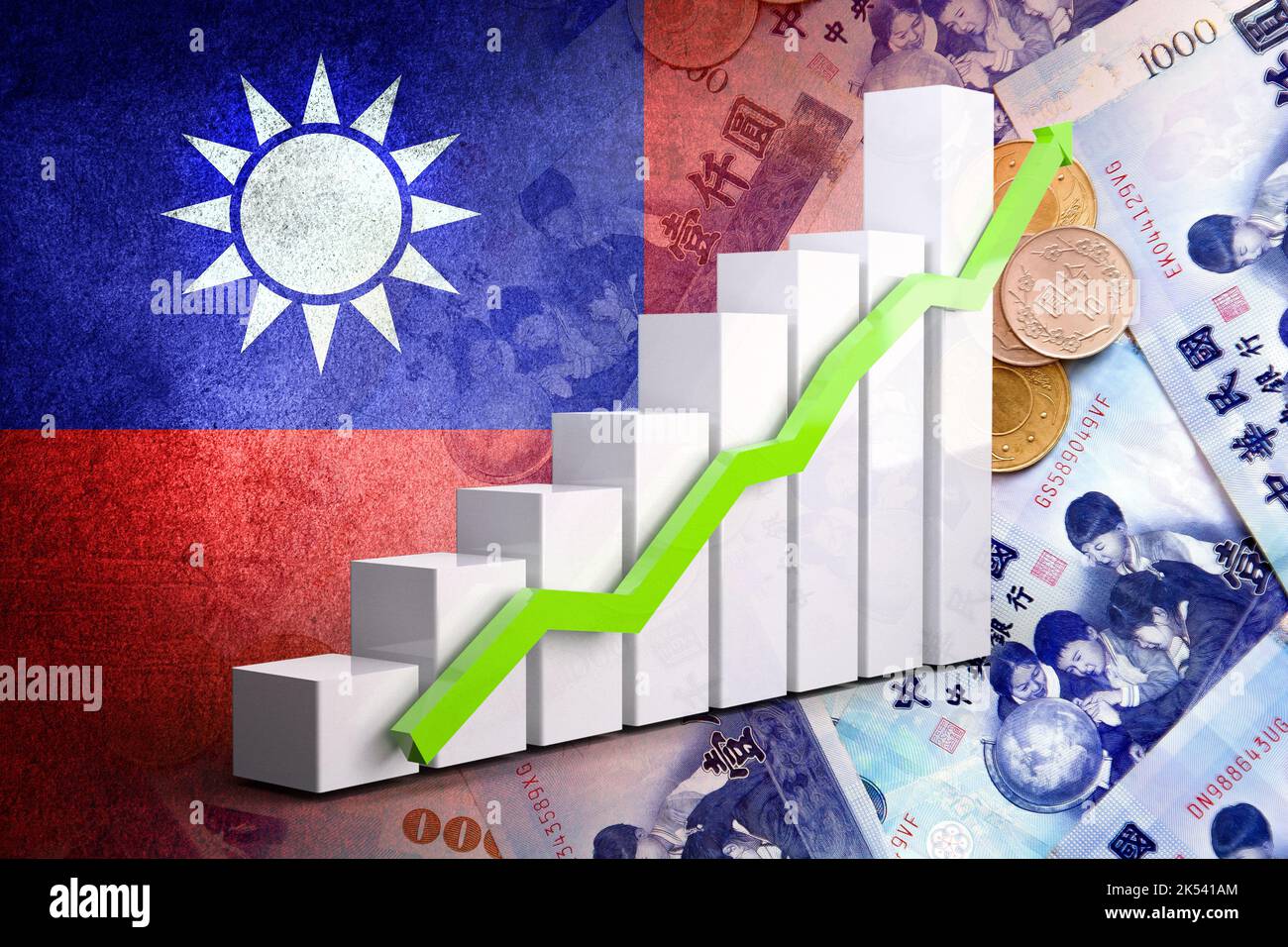 Economy Chart: Up Arrow, Taiwan Flag and New Taiwan Dollar Cash Bills ...