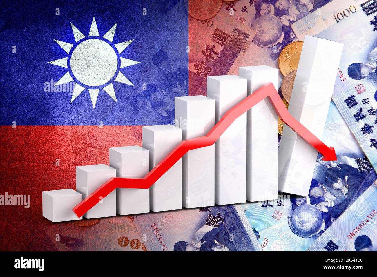 Economy Graph: Downward Arrow, Taiwan Flag and New Taiwan Dollar Bills ...