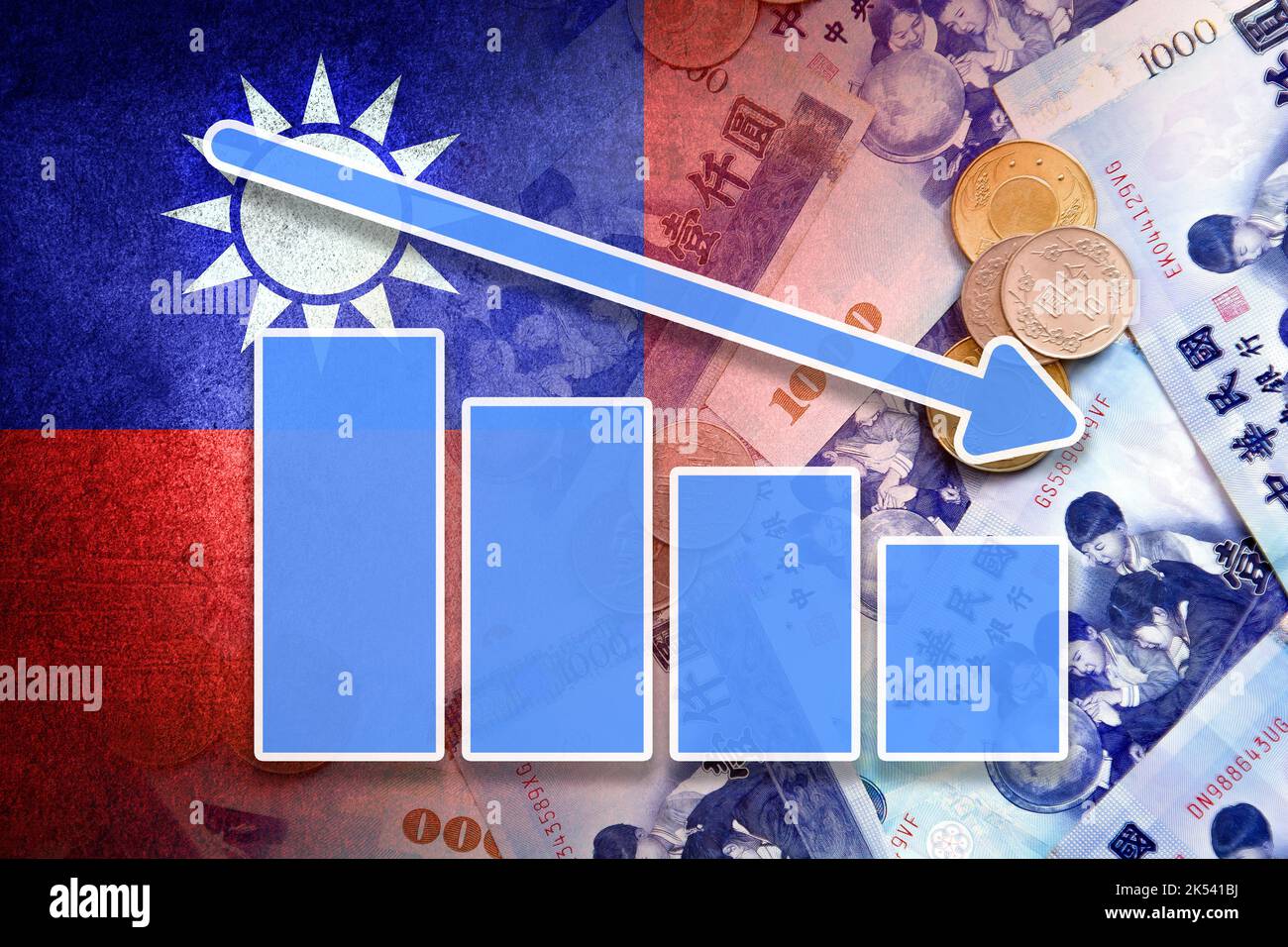 Economy Graph: Downward Arrow, Taiwan Flag and New Taiwan Dollar Bills ...