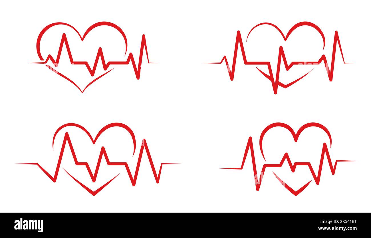 Heart red pulse flat icon set. Heartbeat life cardiogram isolated sign ...