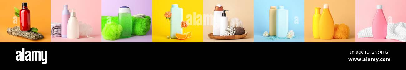 Set of shower gels on colorful background Stock Photo - Alamy