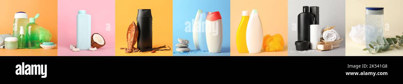 Set of shower gels on colorful background Stock Photo - Alamy
