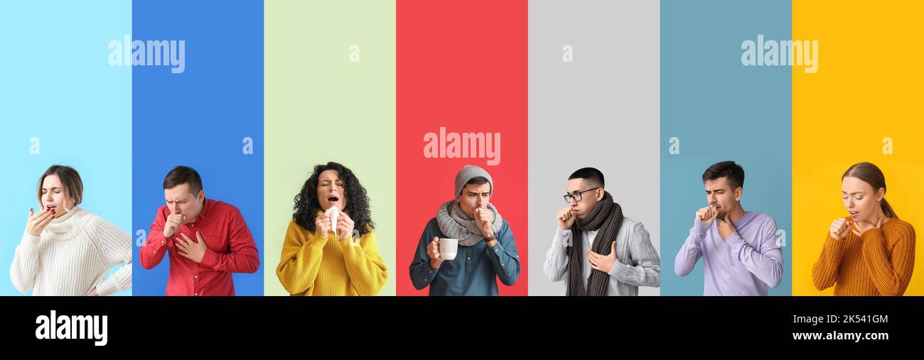 Collage of ill coughing people on color background Stock Photo - Alamy