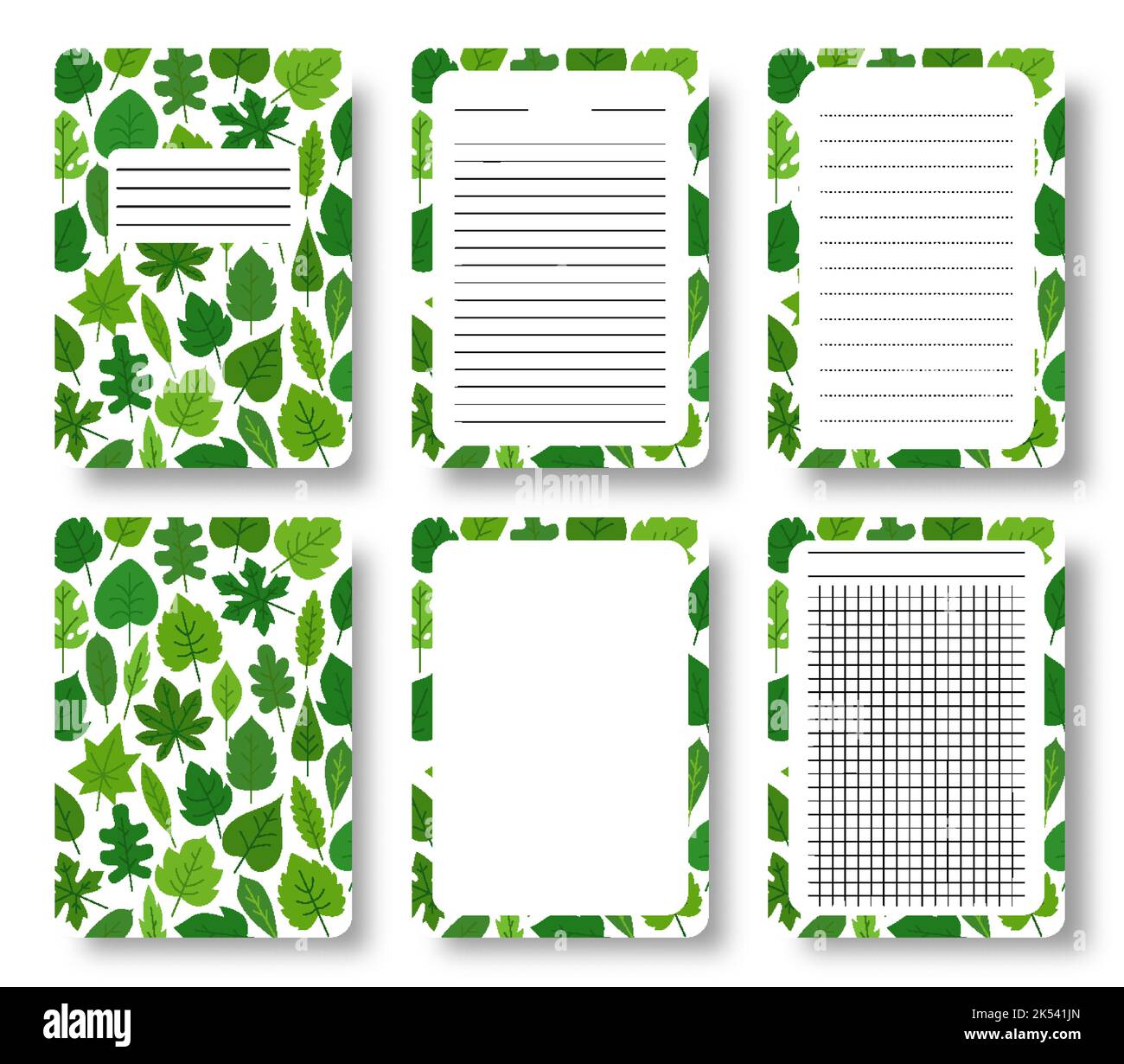 Green leaves notebook cover, lined pages set. Summer leaf cute pattern ...