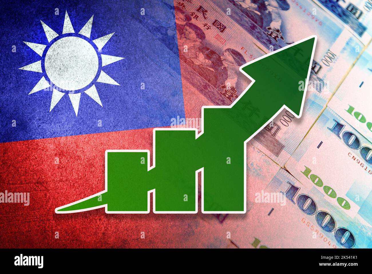 Economy Chart: Up Arrow, Taiwan Flag and New Taiwan Dollar Cash Bills ...