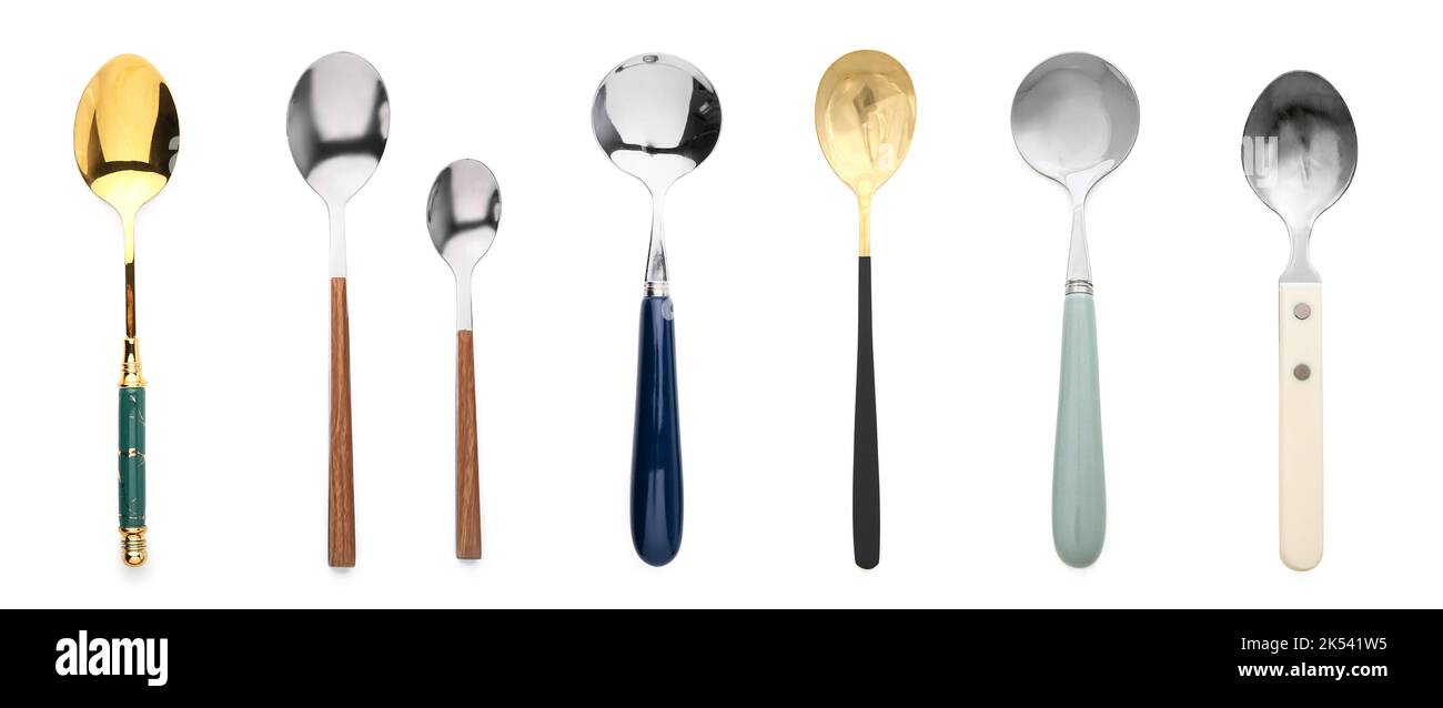 Collage of shiny spoons on white background Stock Photo - Alamy