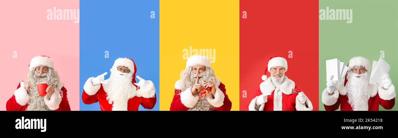 Set of different Santa Clauses on colorful background Stock Photo - Alamy