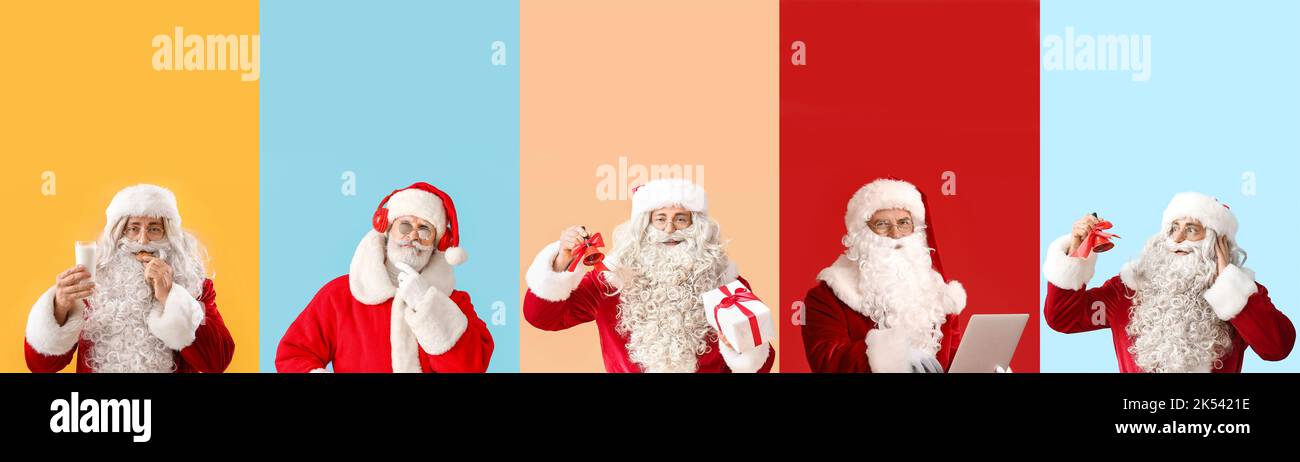 Set of different Santa Clauses on color background Stock Photo - Alamy