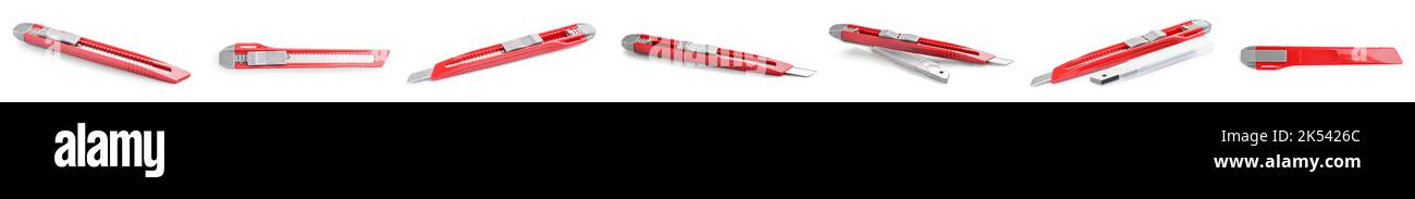 Collage of red utility knife on white background Stock Photo - Alamy