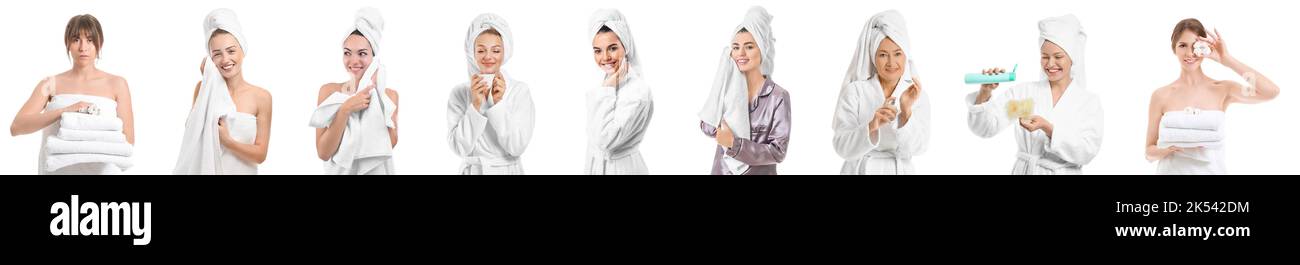 Group of women after bathroom on white background Stock Photo - Alamy