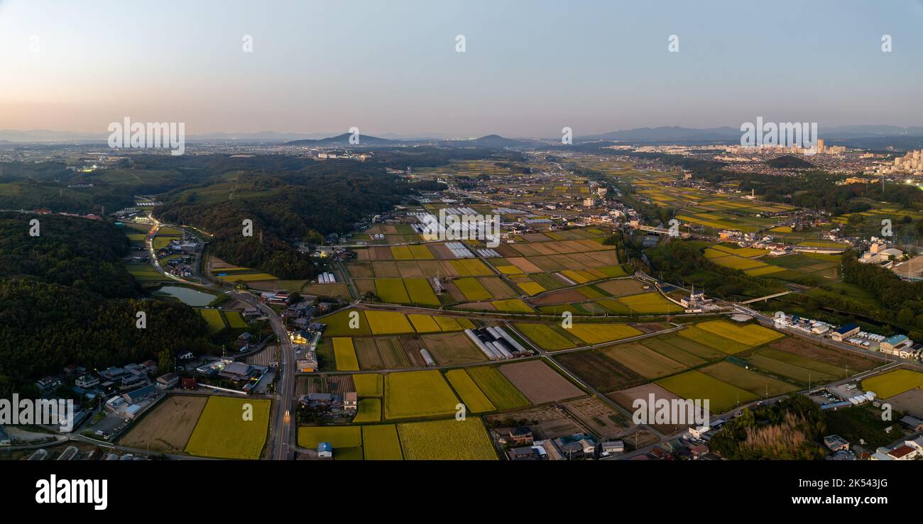 Panoramic aerial view of farmland with fall color in golden hour Stock ...