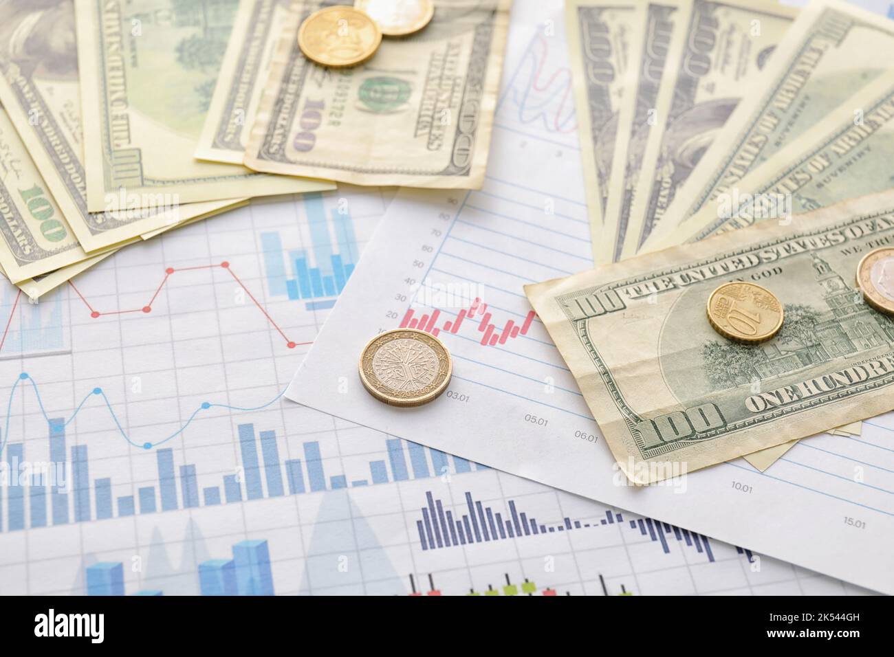 Dollar banknotes with coins on diagrams. Exchange rate concept Stock ...
