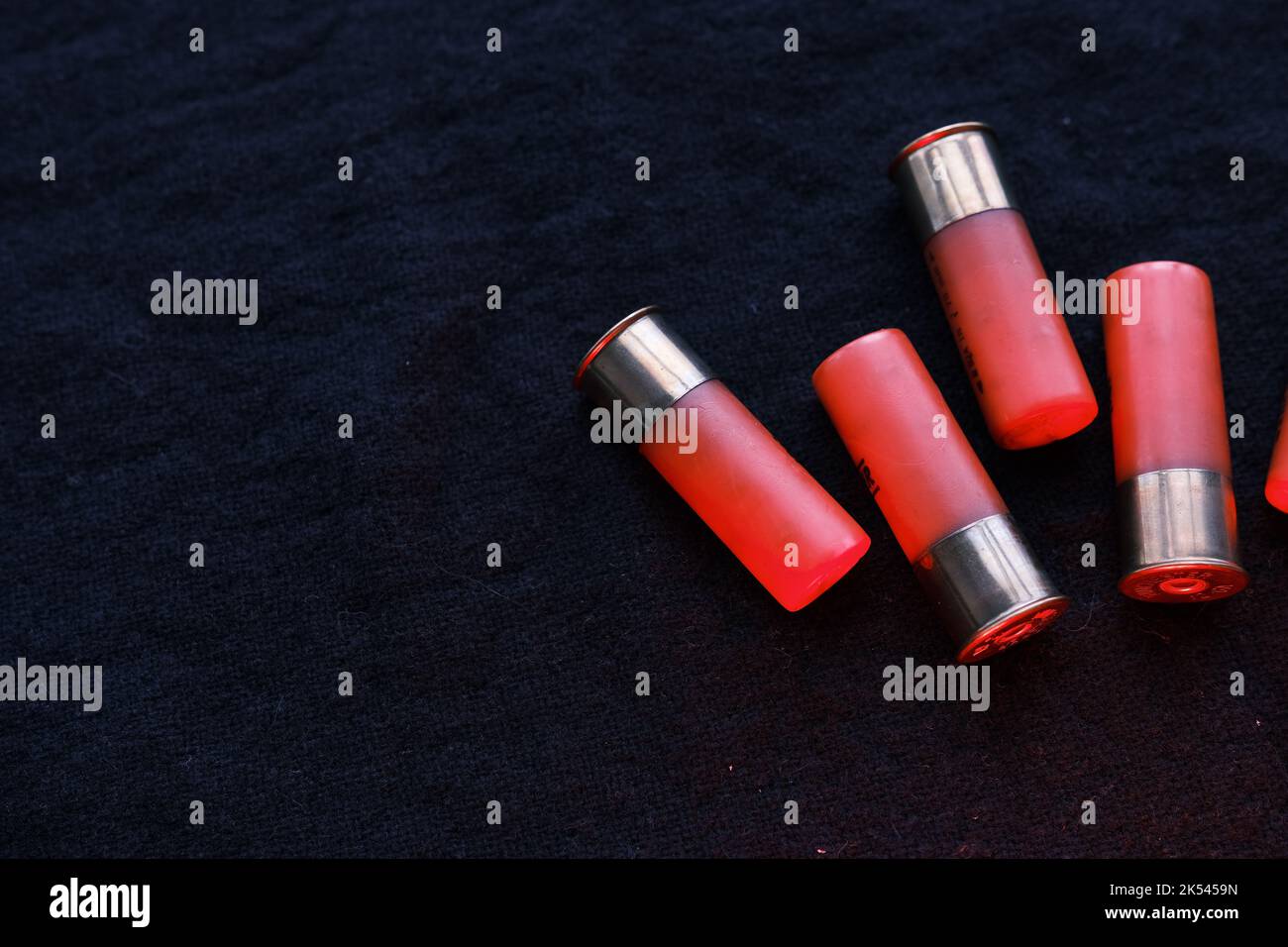 Shotgun shells on a black surface. Ammunition for 12 gauge smoothbore ...