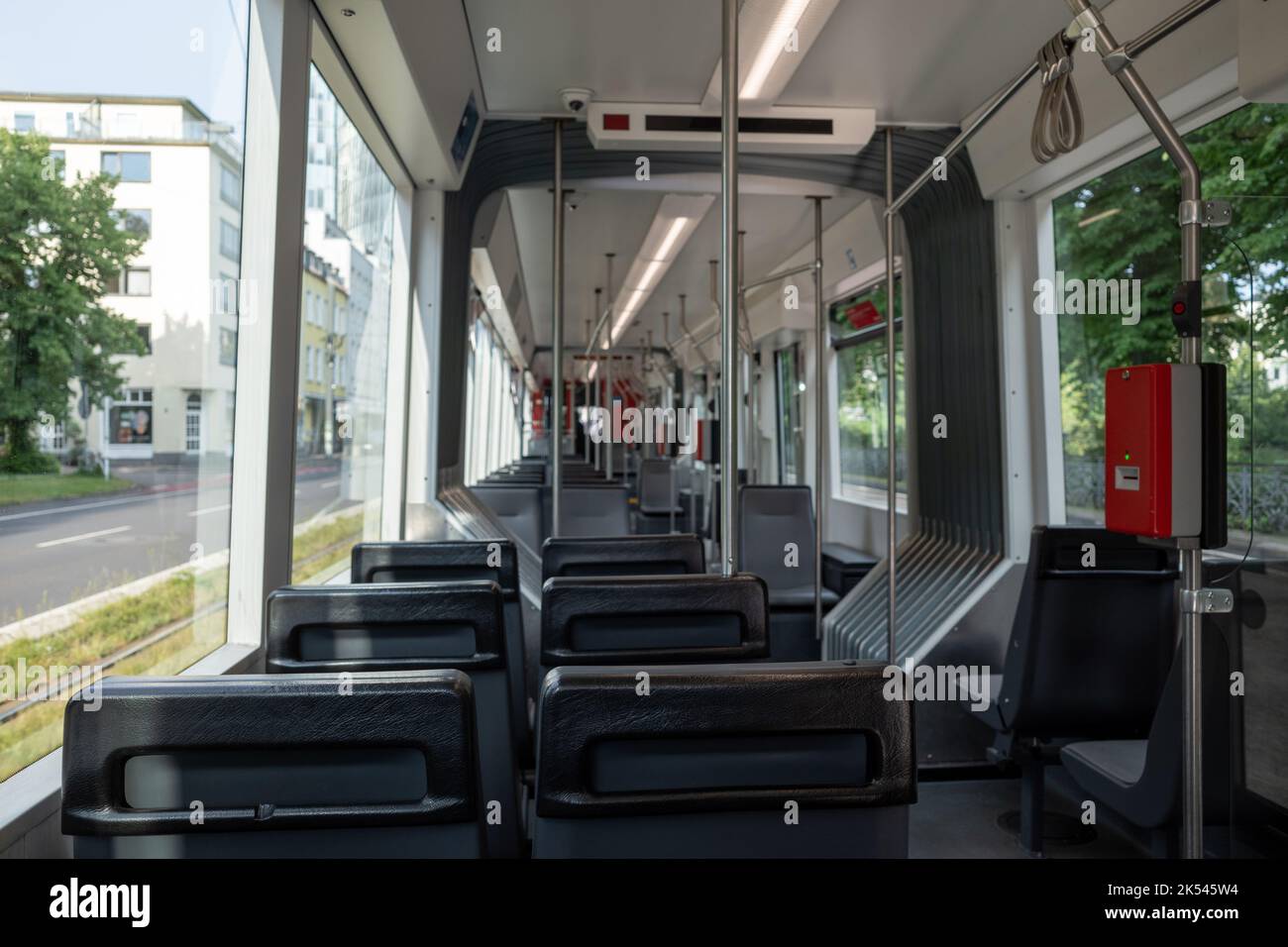 Interior view inside empty passenger trains or light rail tram of ...