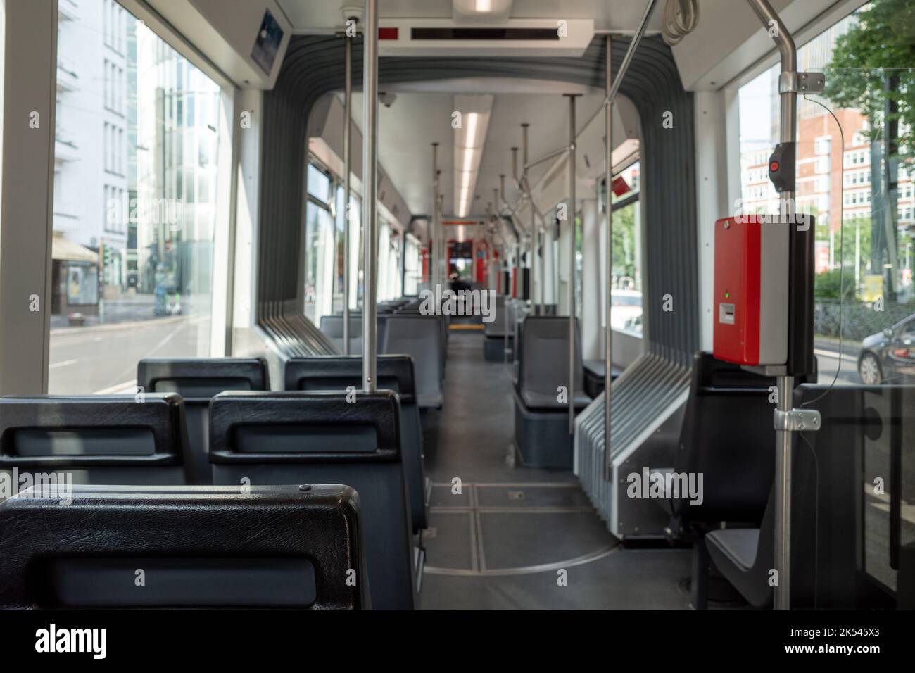 Interior view inside empty passenger trains or light rail tram of ...