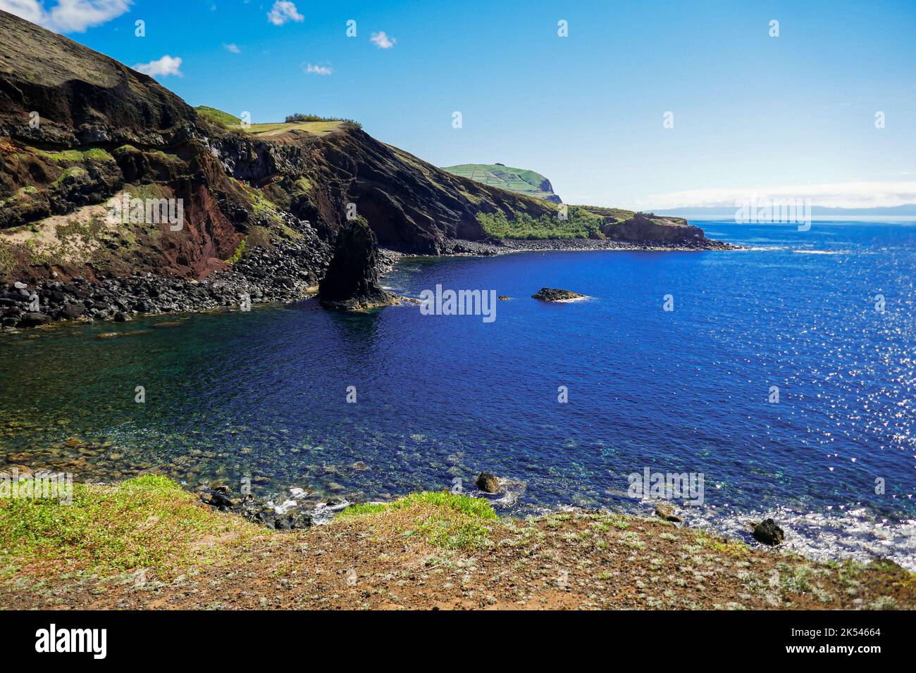 The coastline, showing the countryside and ocean of Graciosa Island ...