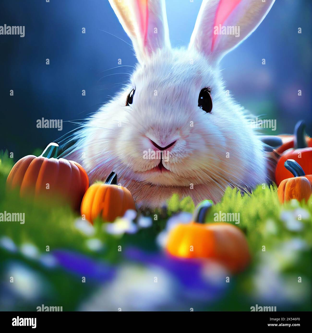 Cartoon illustration of huge white cute rabbit on a green lawn ...