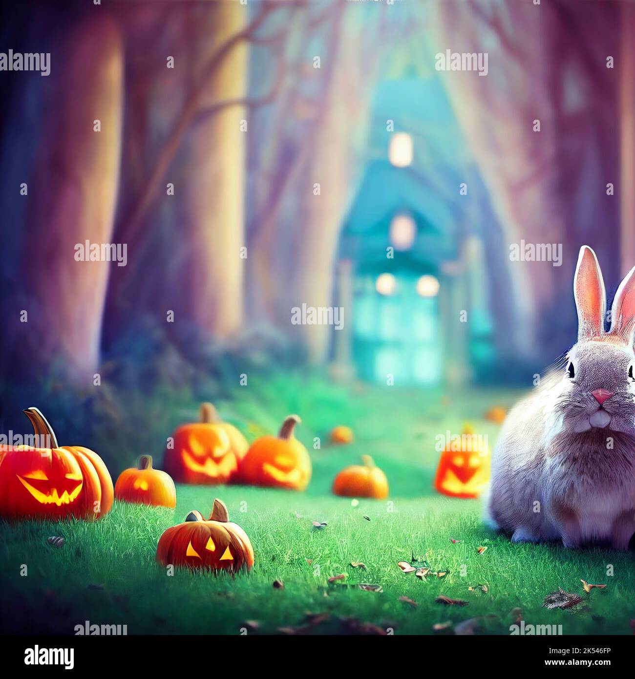 Cartoon illustration of white cute rabbit on a green lawn surrounded by ...