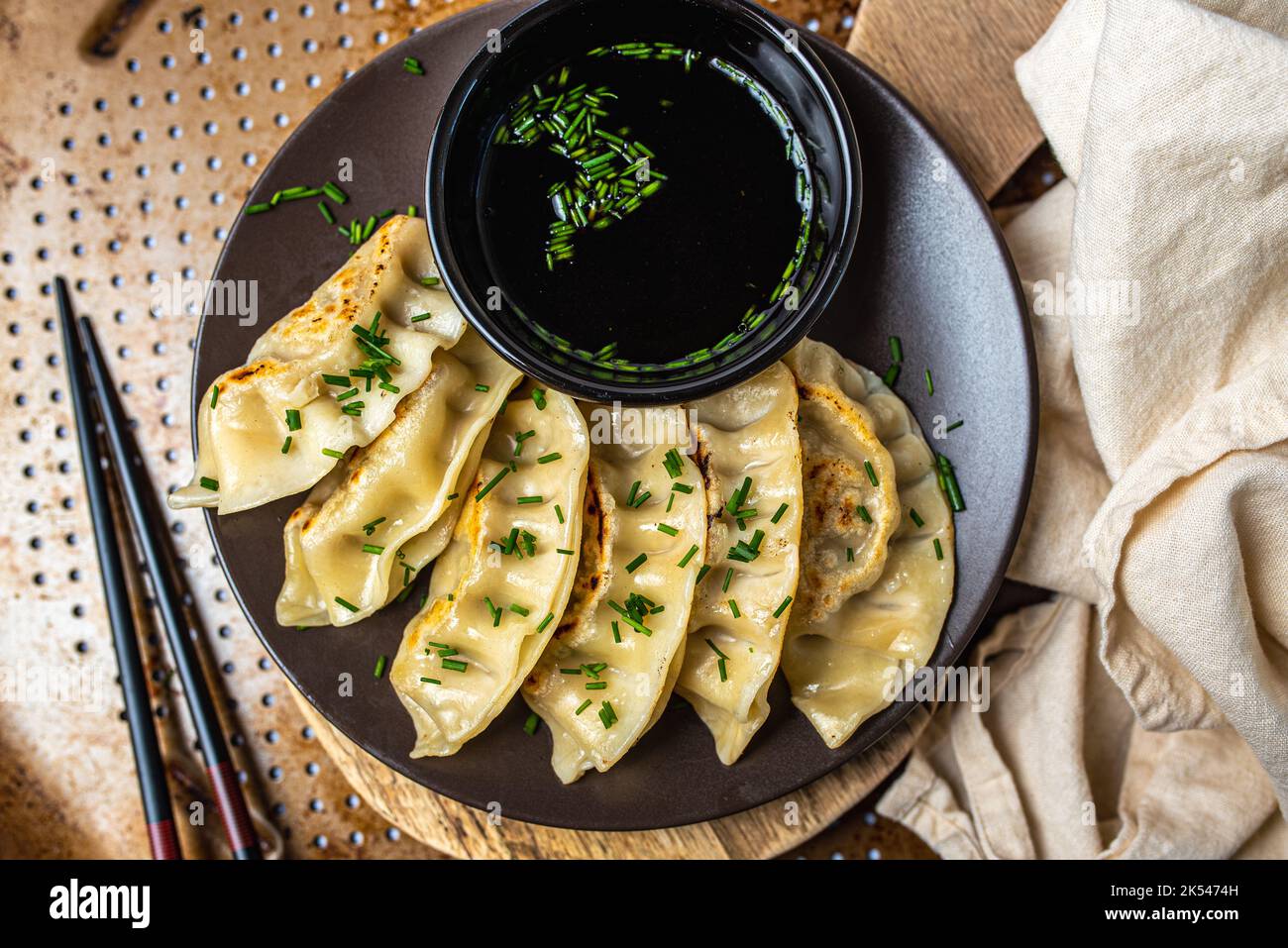 Homemade fried Asian potsticker dumpling appetizer. Gyzo Asian Pork ...