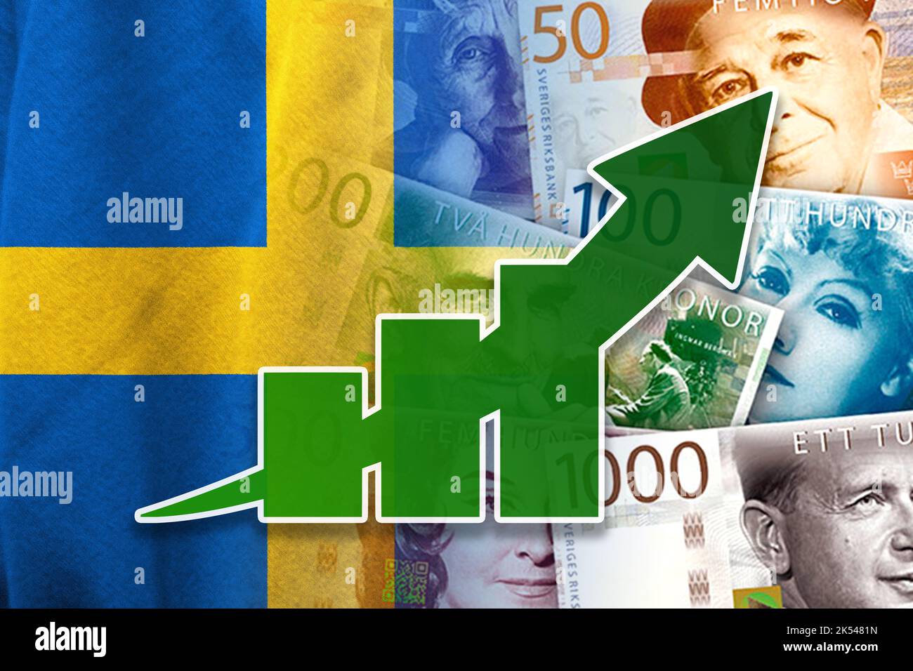 Economy Graph: Upward Arrow, Sweden Flag and Swedish Krona Cash ...