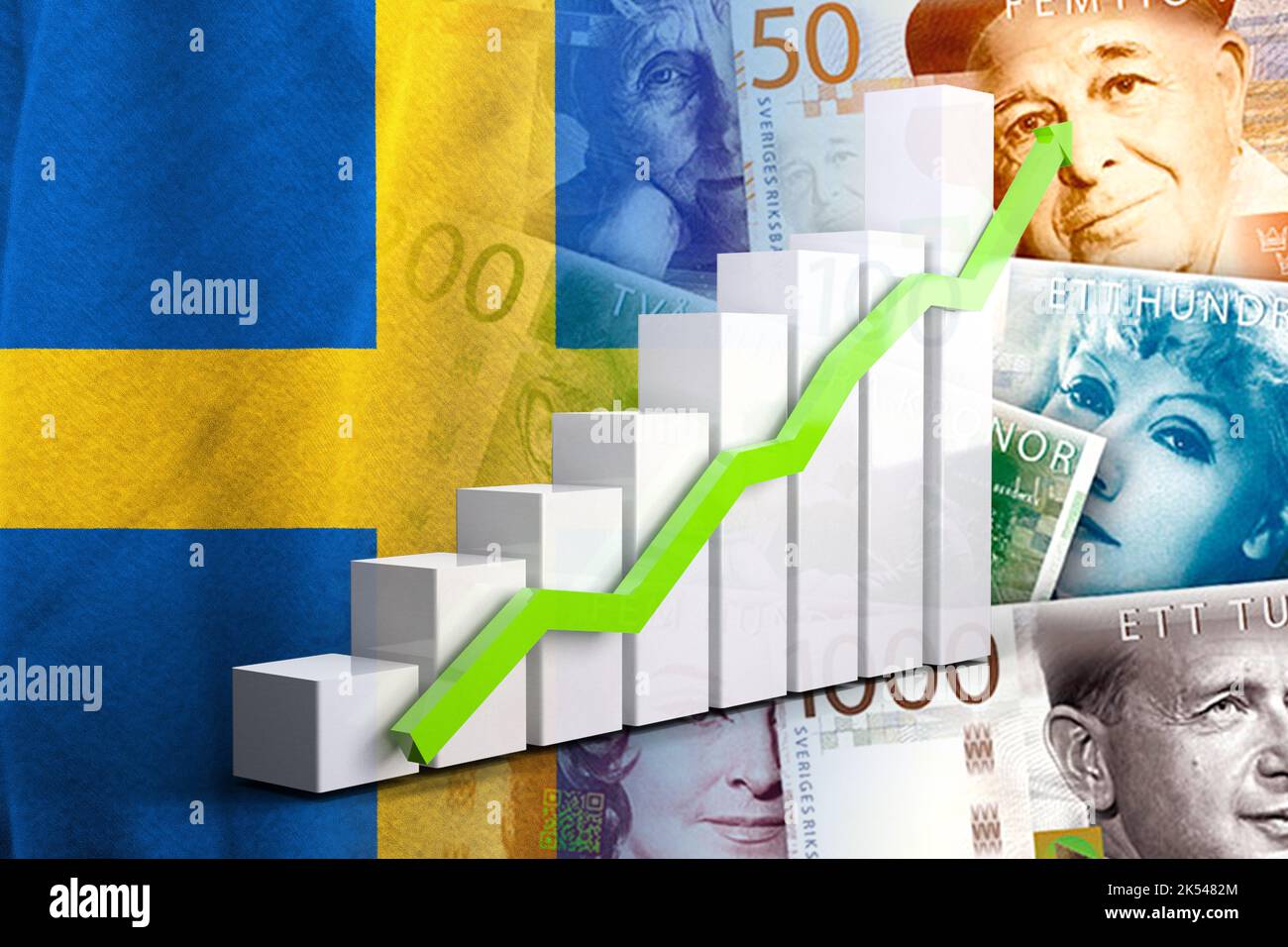 Economy Graph: Upward Arrow, Sweden Flag and Swedish Krona Cash ...