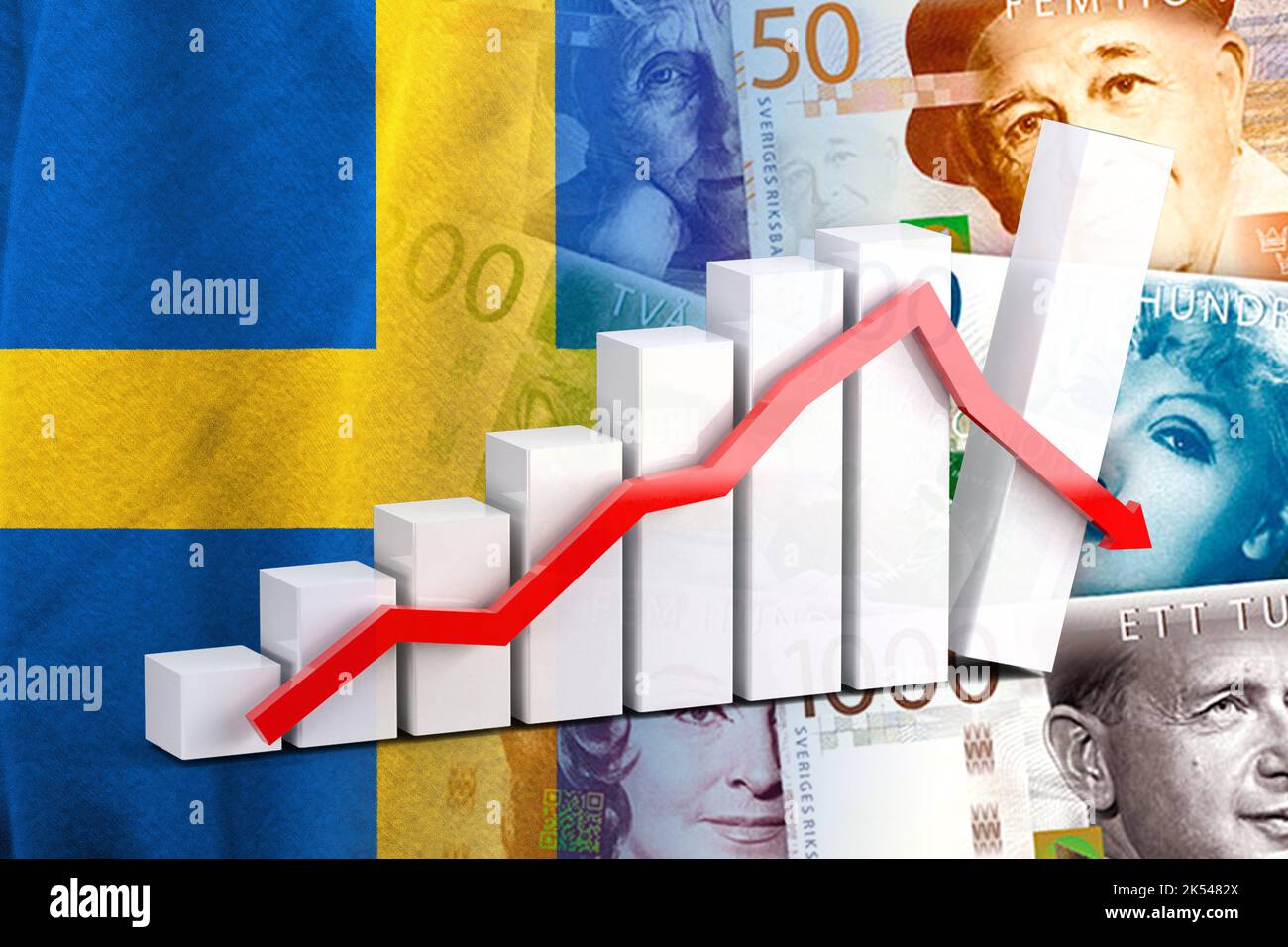 Economy Graph - Downward Arrow, Sweden Flag and Swedish Krona Cash ...