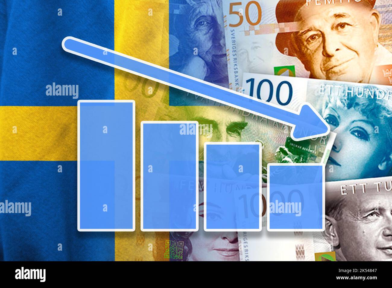 Economy Graph - Downward Arrow, Sweden Flag and Swedish Krona Cash ...