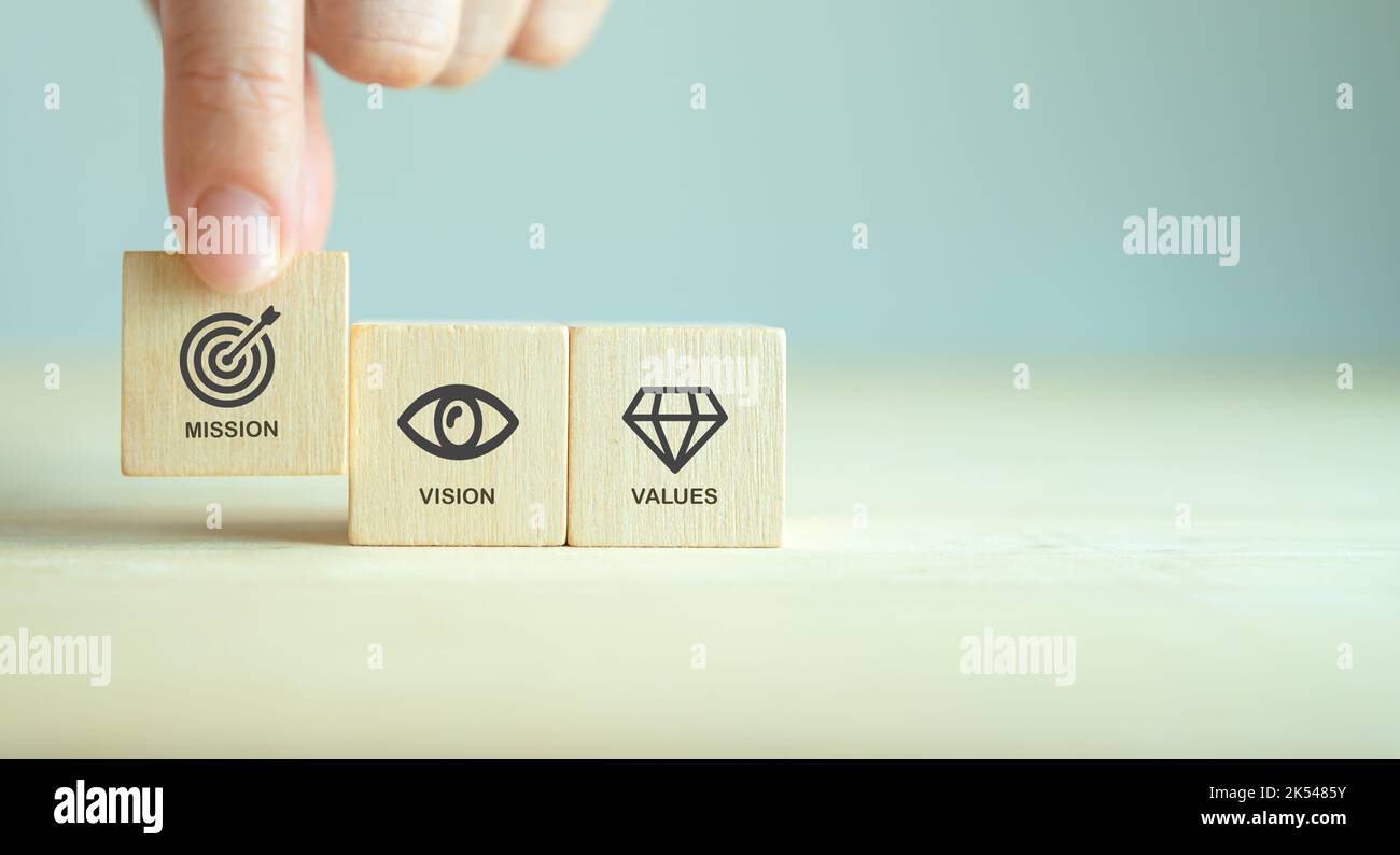 Mission, vision and values of company. Purpose business concept. Hand ...