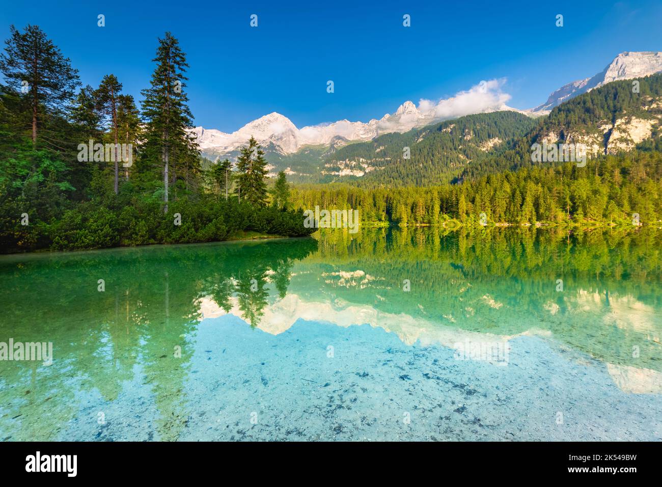 Lake Tovel reflection symmetry in Trentino-Alto Adige, Dolomites, Italy ...