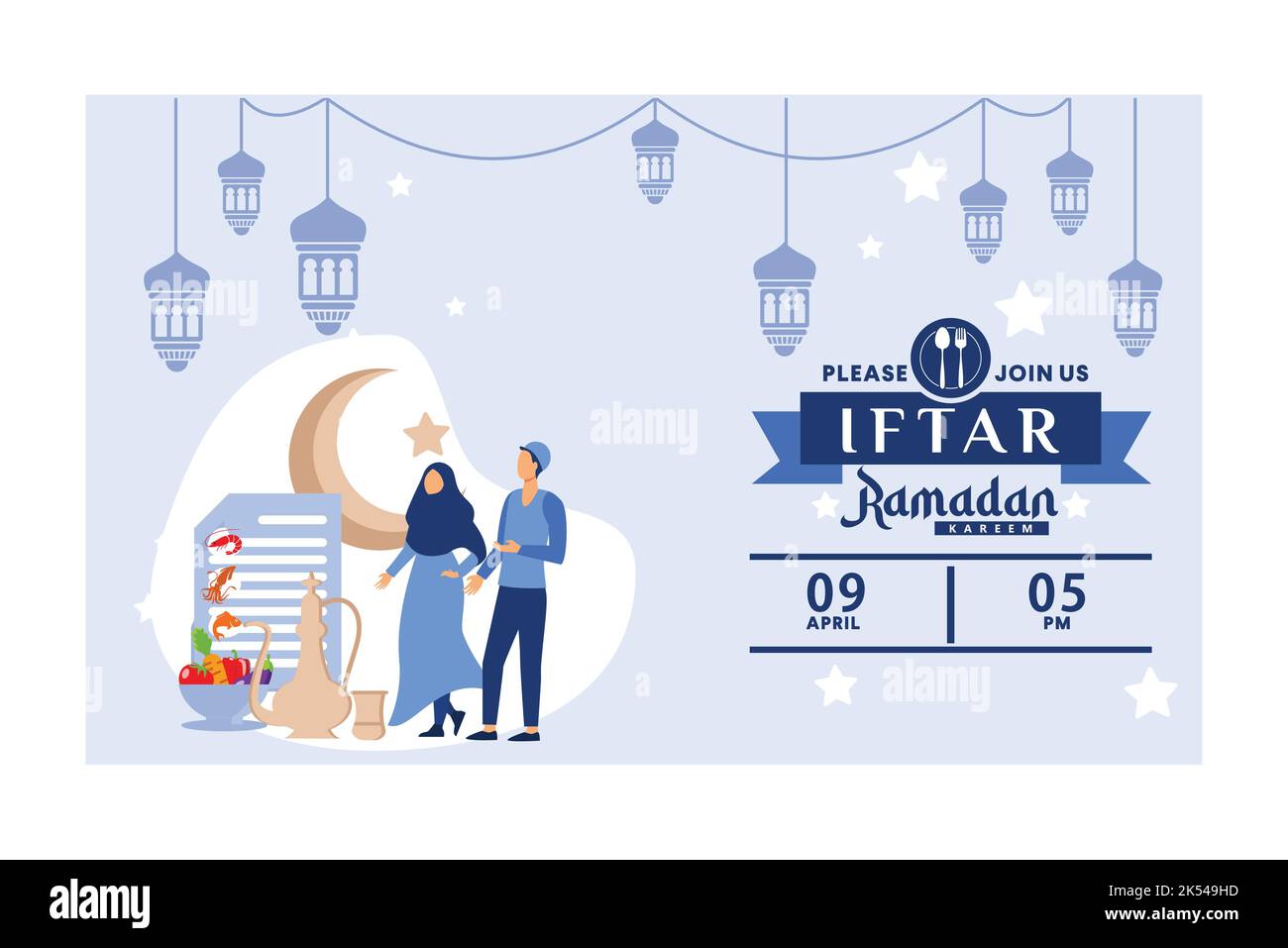 Blue flat design Iftar party celebration flyer concept illustration ...