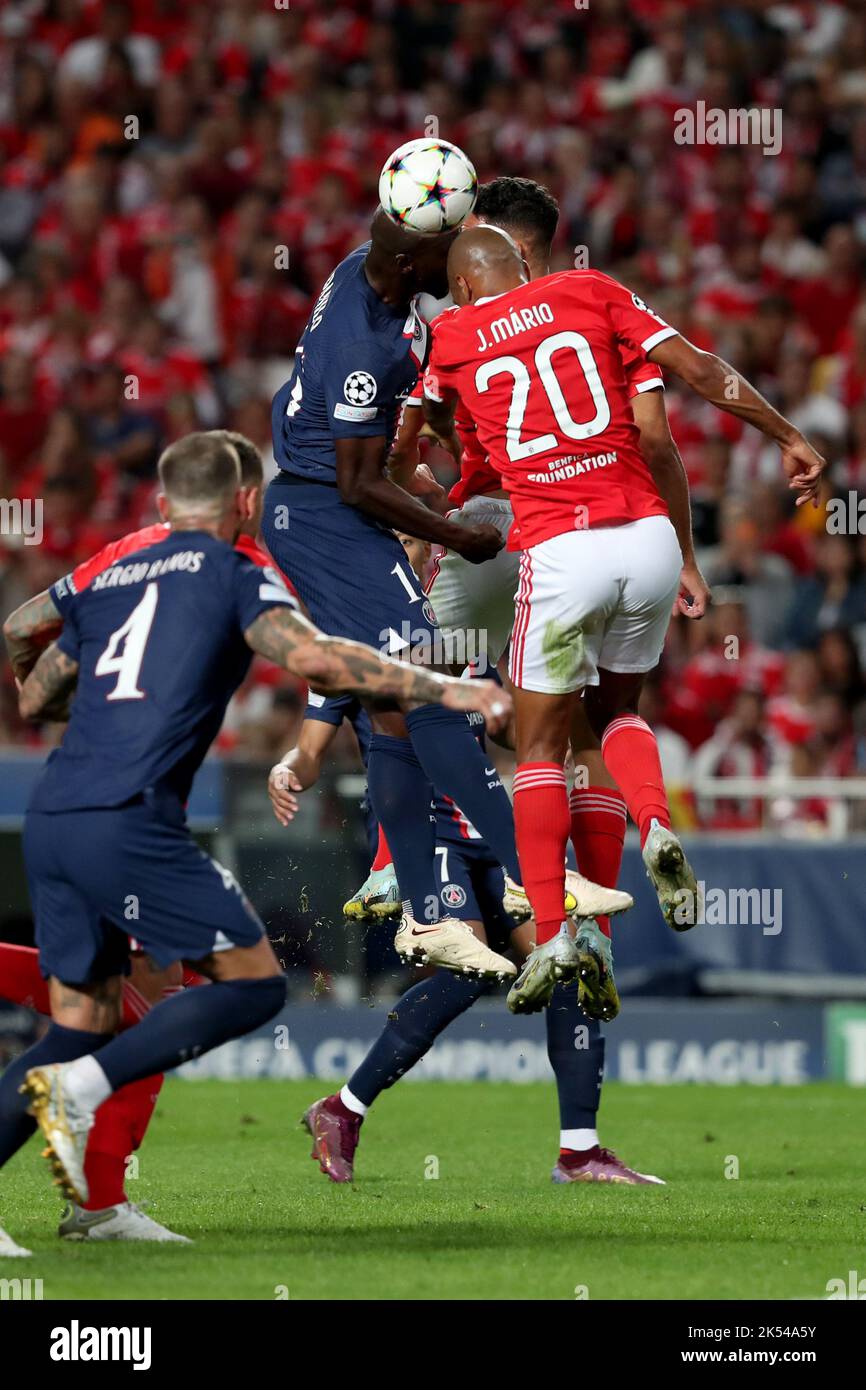 Lisbon, Portugal. 5th Oct, 2022. Danilo Pereira (top L) of Paris Saint-Germain heads the ball ...