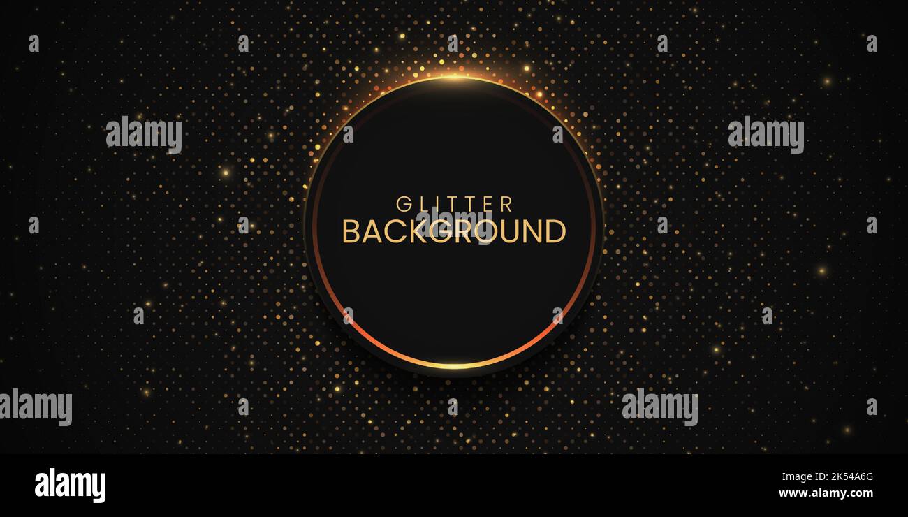 Abstract black circle shape with golden glowing frame, glittering ...