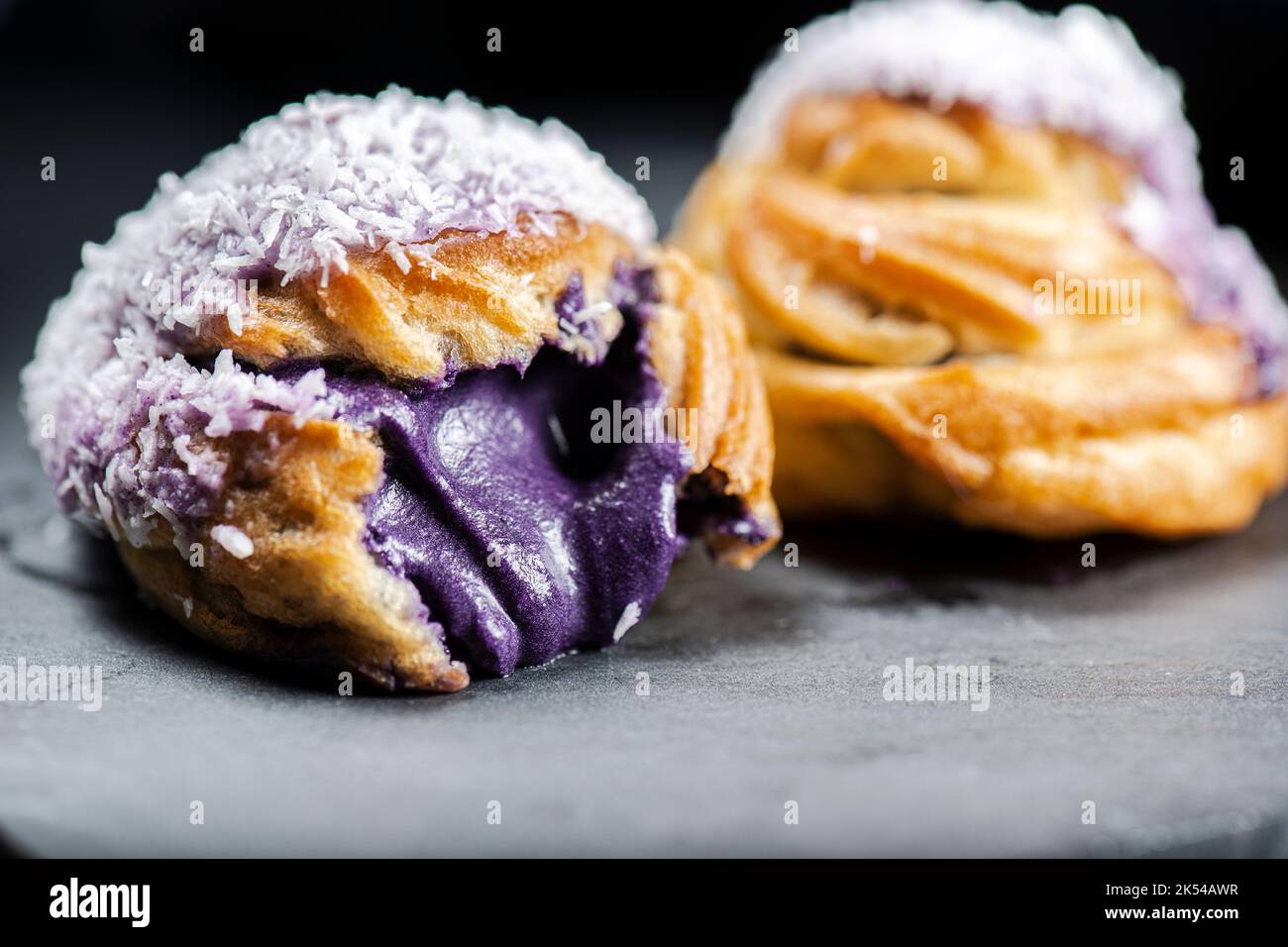 Home made ube cream puff with purple coloured white chocolate and ...