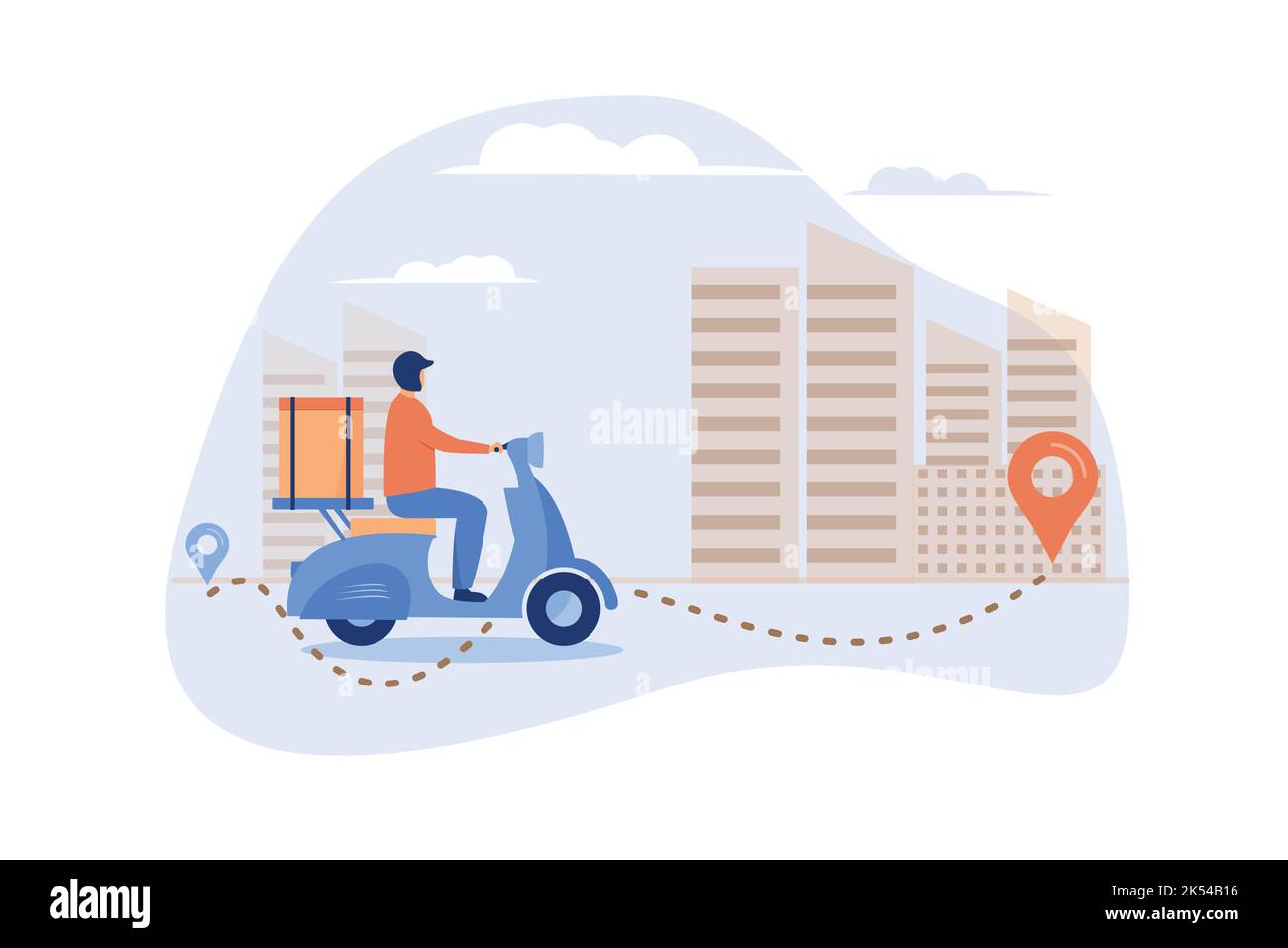 Courier shipping package at moped flat vector illustration. Cartoon service man delivering ...