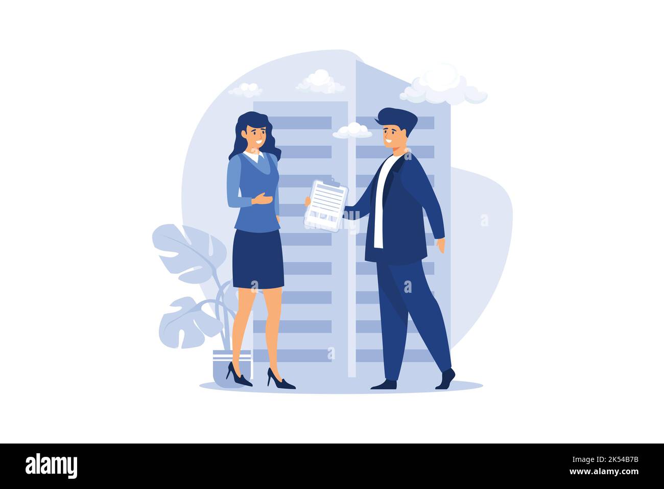 Manager giving document to female boss for signing. Leader, male ...