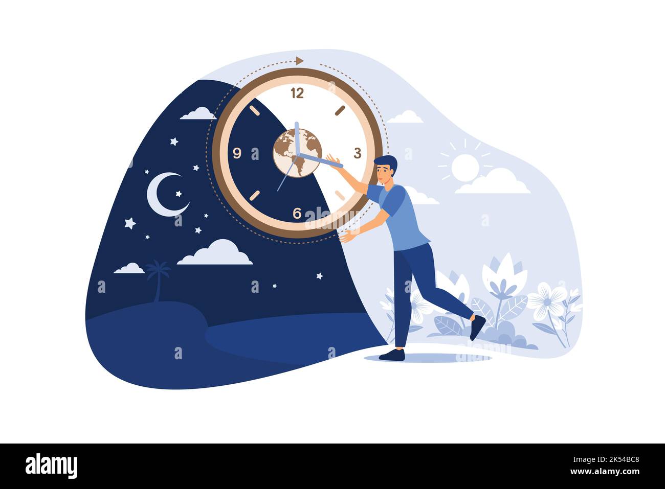 Man moving clock arrows and managing time. Planet, night and day in ...