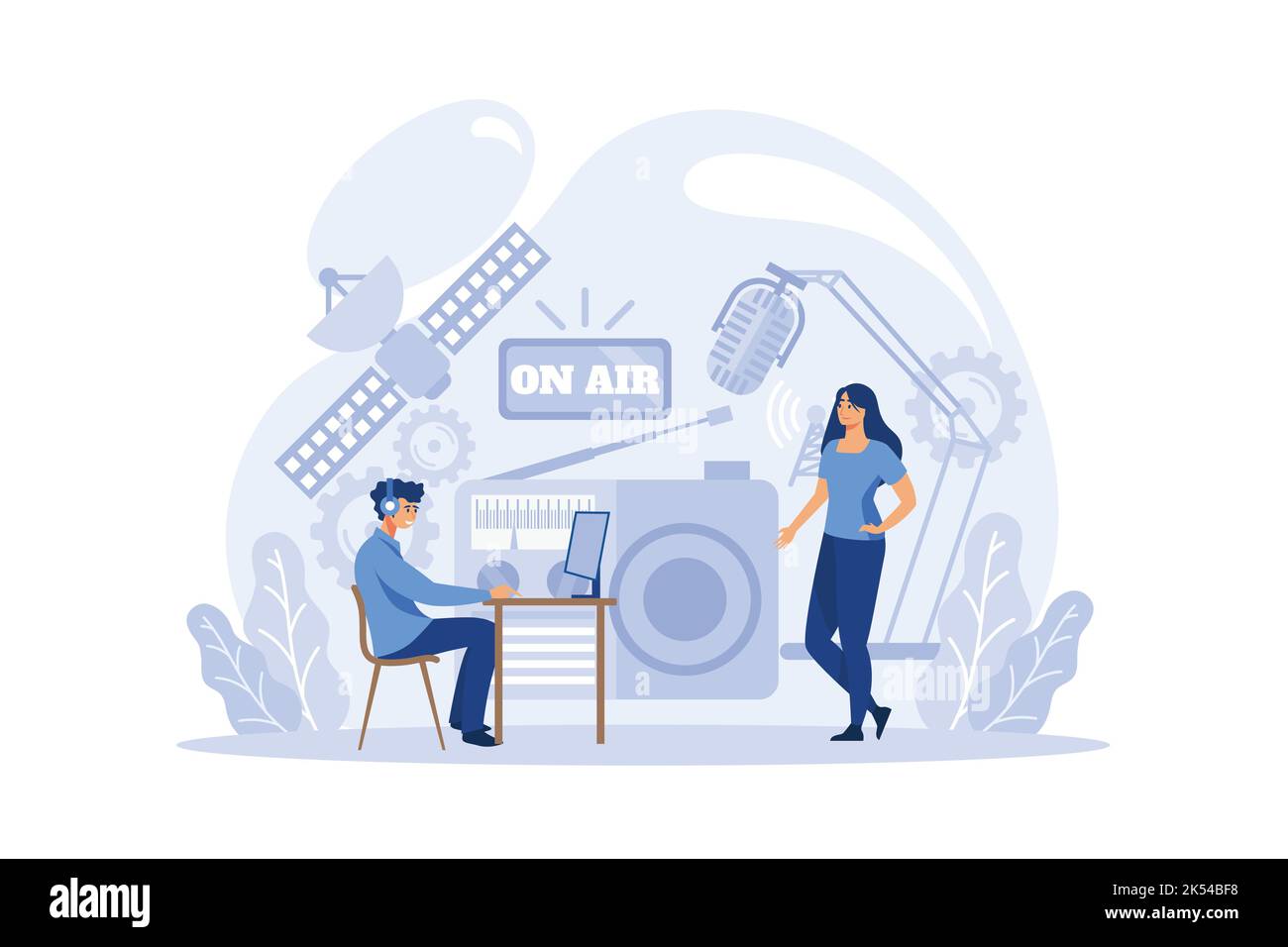 Radio broadcasting concept. Happy radio host with microphone ...