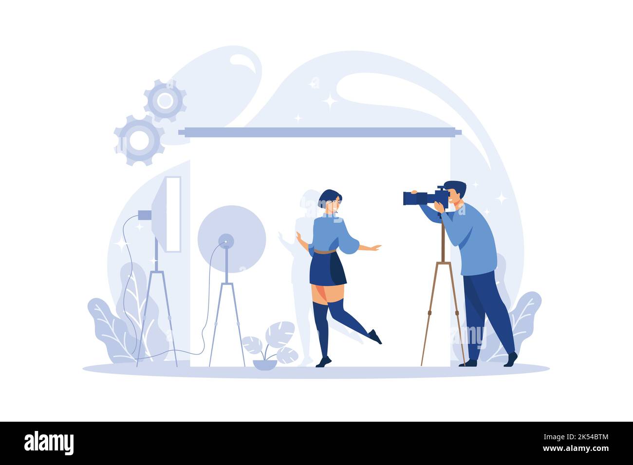 a photographer takes pictures of a model in the studio. Vector ...