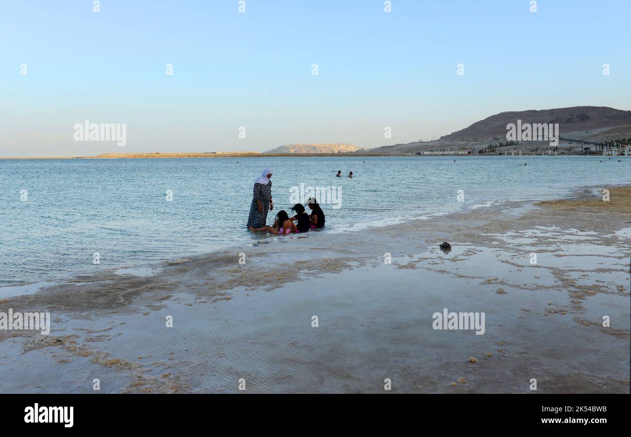 The beautiful beach at the Dead Sea hotel strip in Ein Bokek, Israel Stock Photo - Alamy