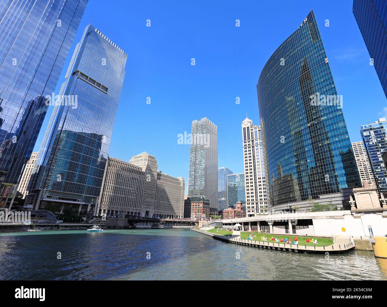 Chicago sightseeing cruise and skyline on the river, Illinois, USA ...