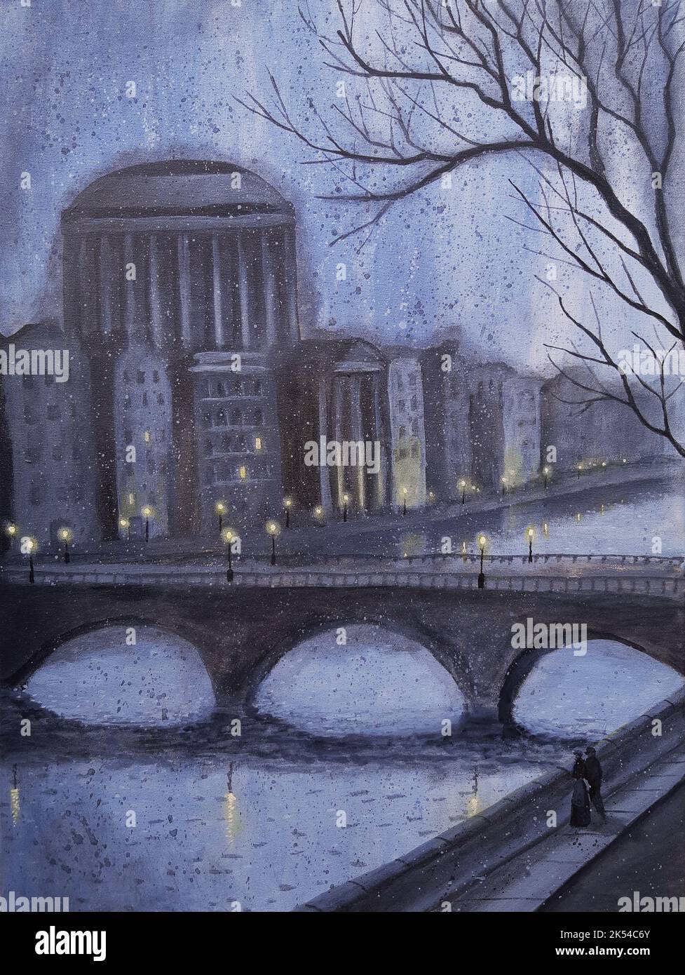 Vintage scene of Dublin, Ireland at night with a couple walking by the ...