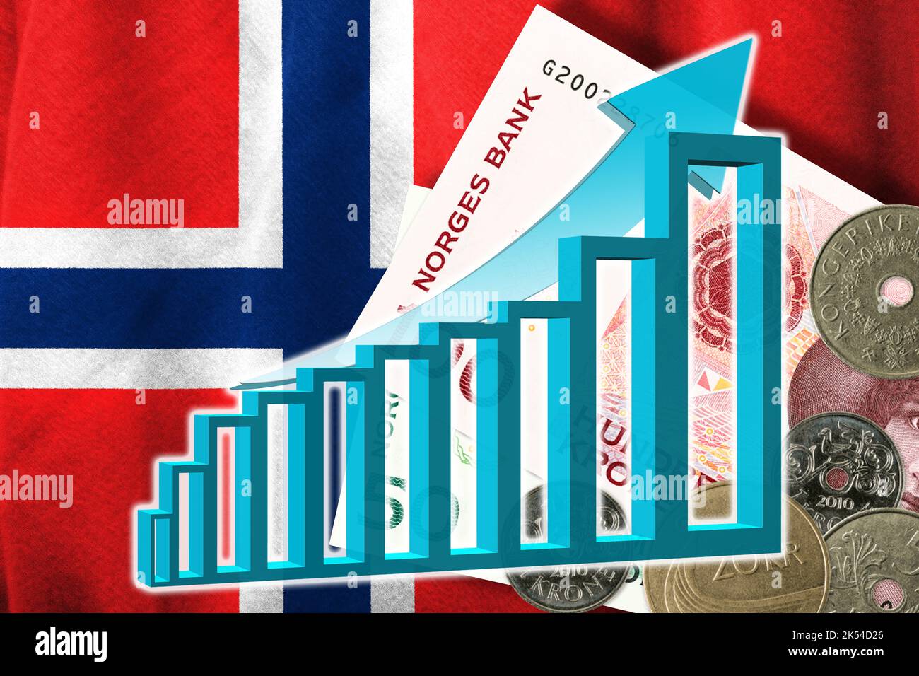 Economy Graph: Upward Arrow, Norway Flag, and Cash Norwegian Krone ...